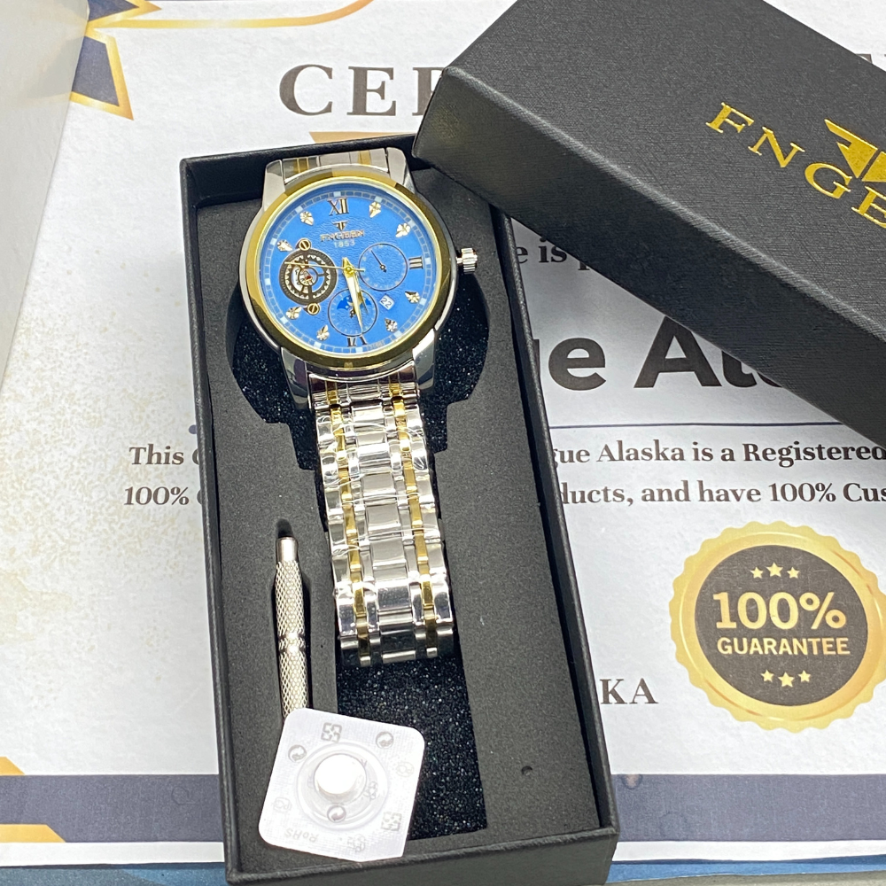 FNGEEN 1853 Round Dial Stainles Steel Chain Watch For Men With Date Di ...